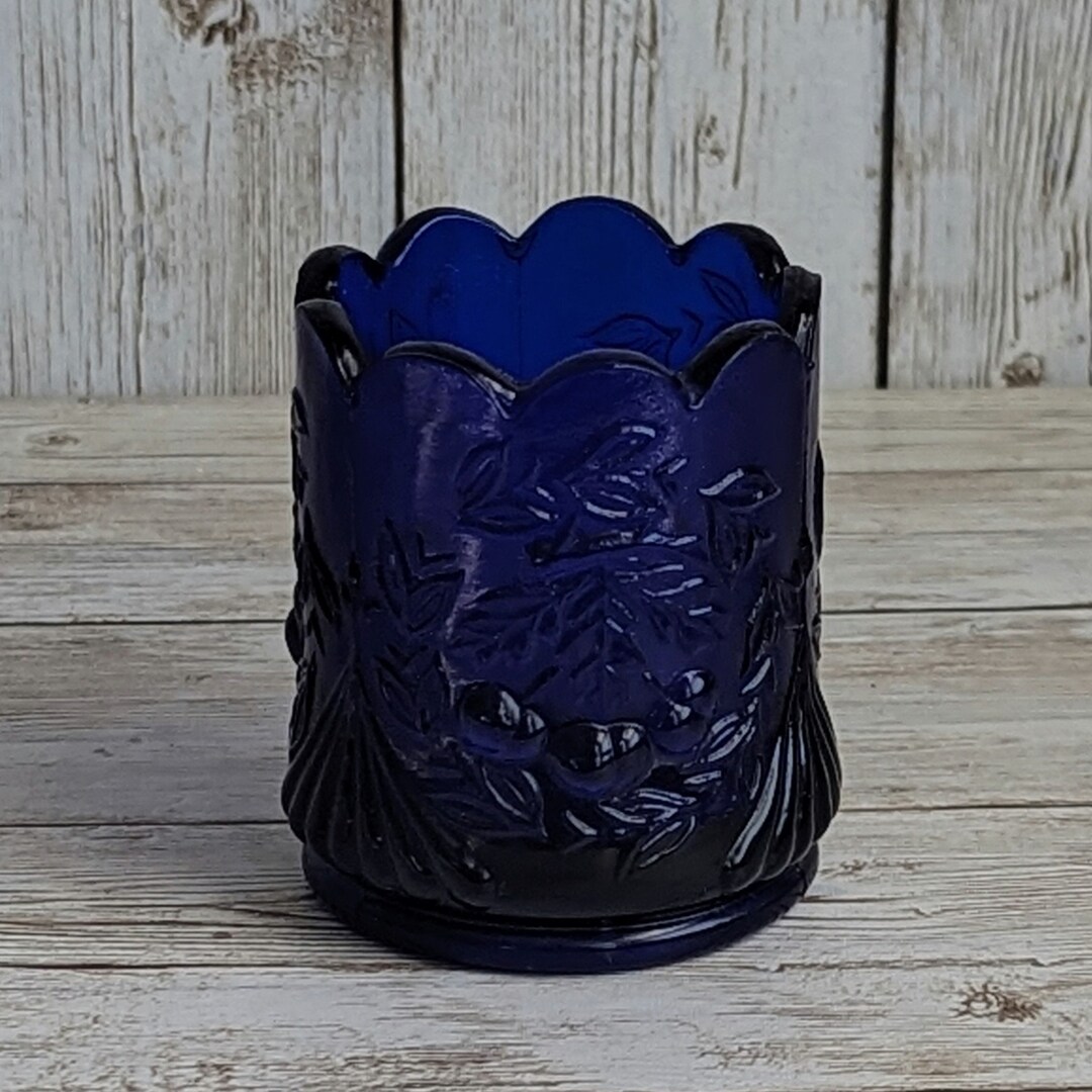 Joe St. Clair Glass Cobalt Blue Wreath and Cherries Toothpick Holder - Etsy