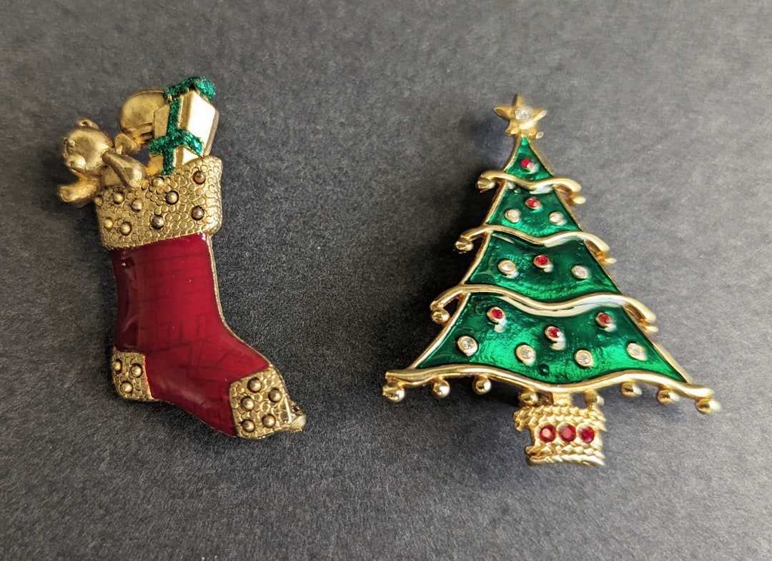 Vintage Christmas Brooches – Danecraft Stocking & Christmas Tree Pins ...