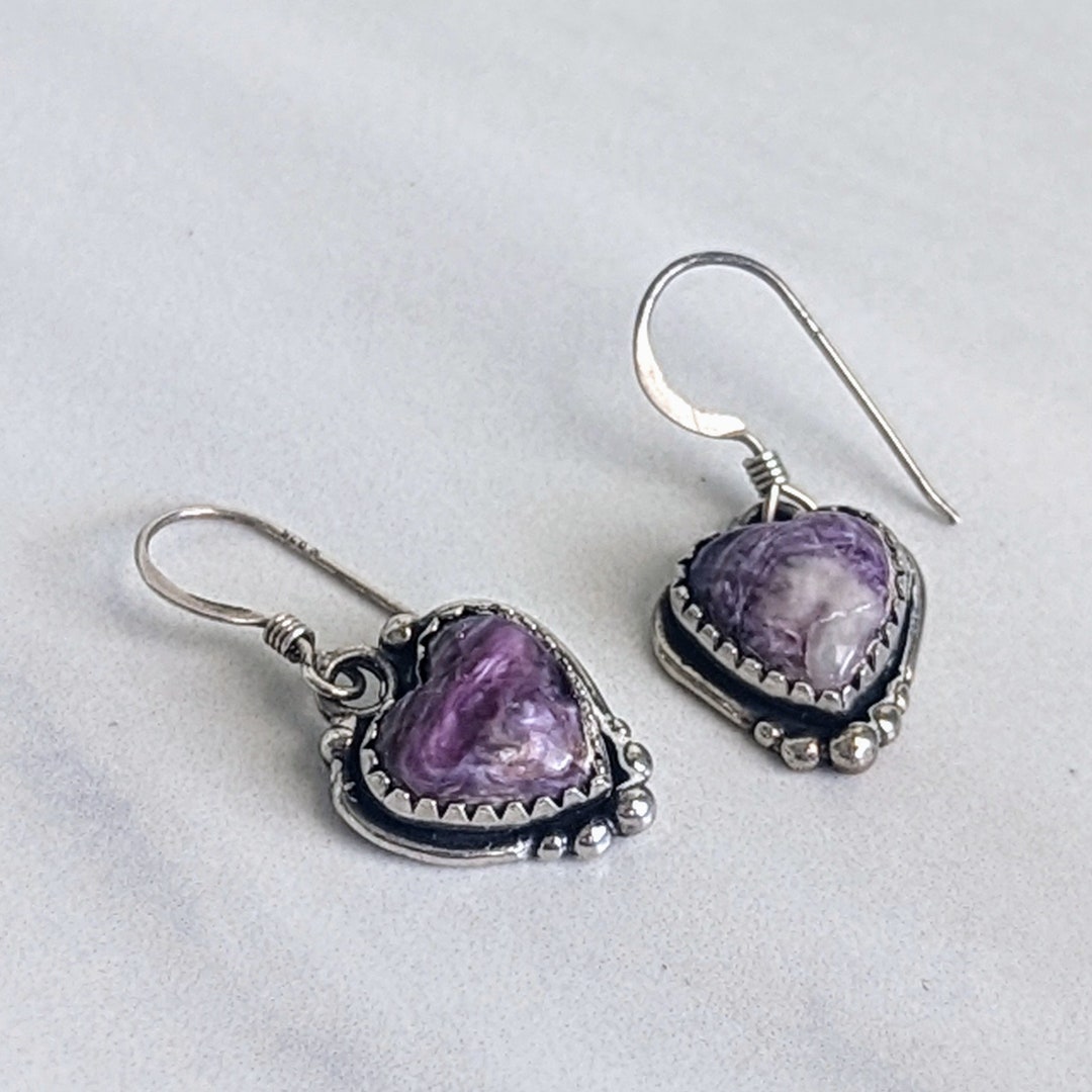 Signed 5 Star Sterling Silver Sugilite Heart Dangle Earrings - Etsy
