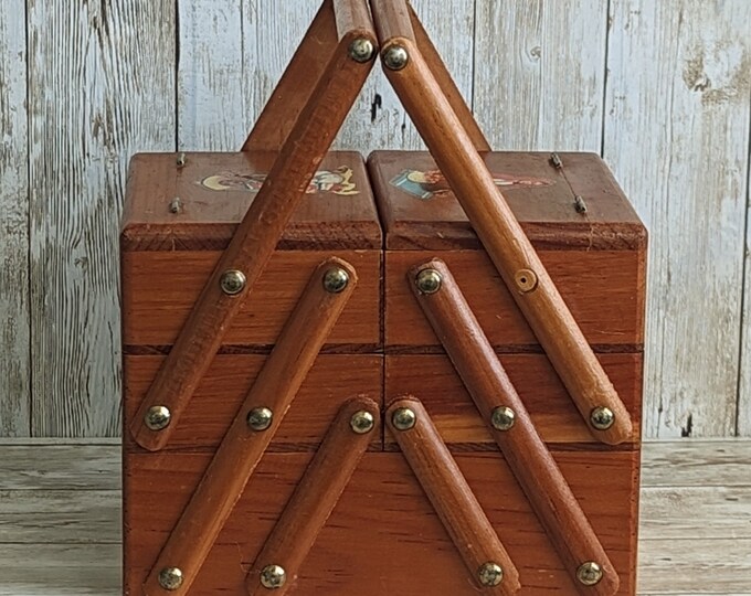 Fold Out Wooden Mini Sewing Box ~ Vintage Mexican Basket Hand Painted ...