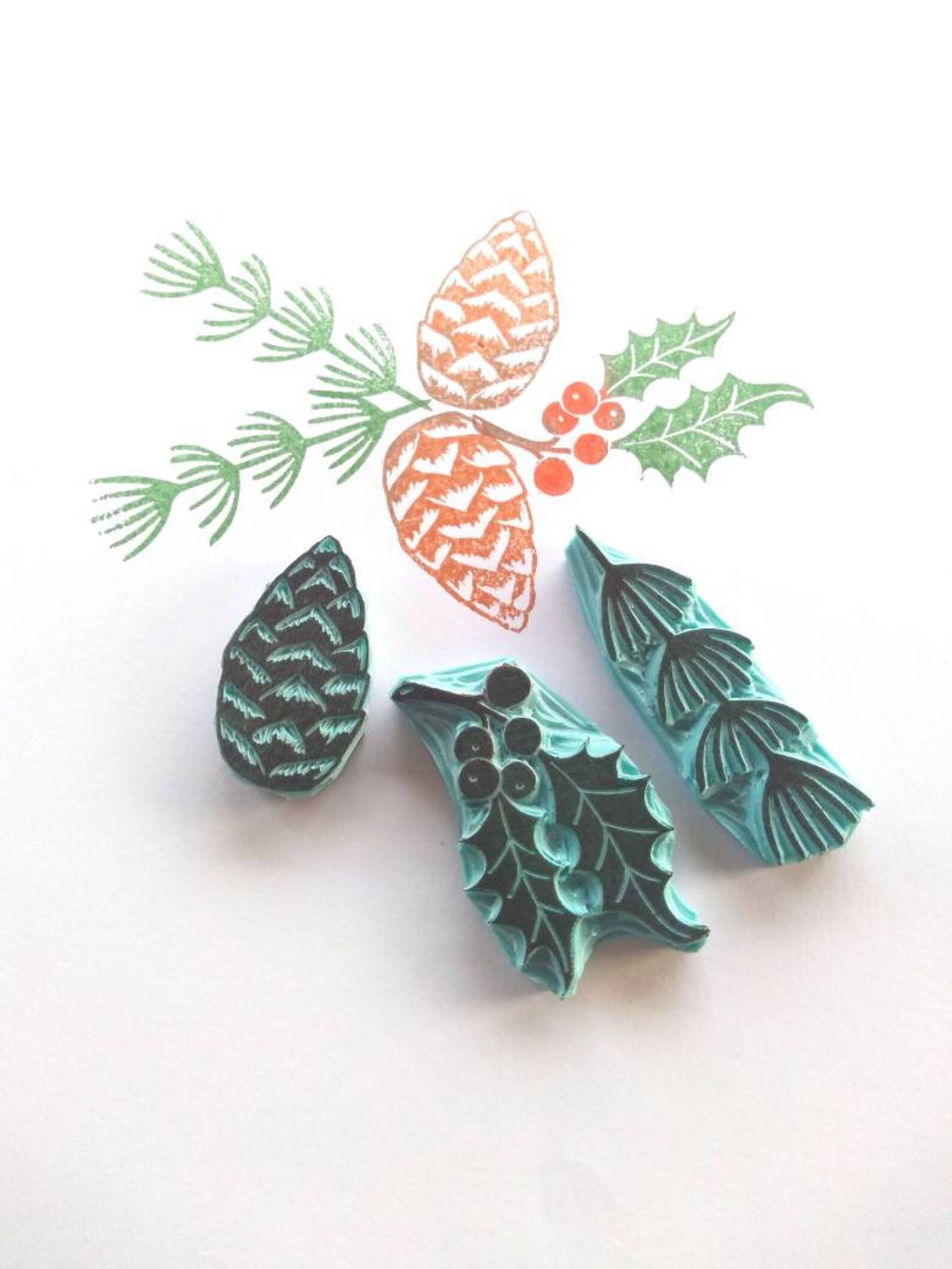 Pine cone and Holly rubber stamp set. | Etsy