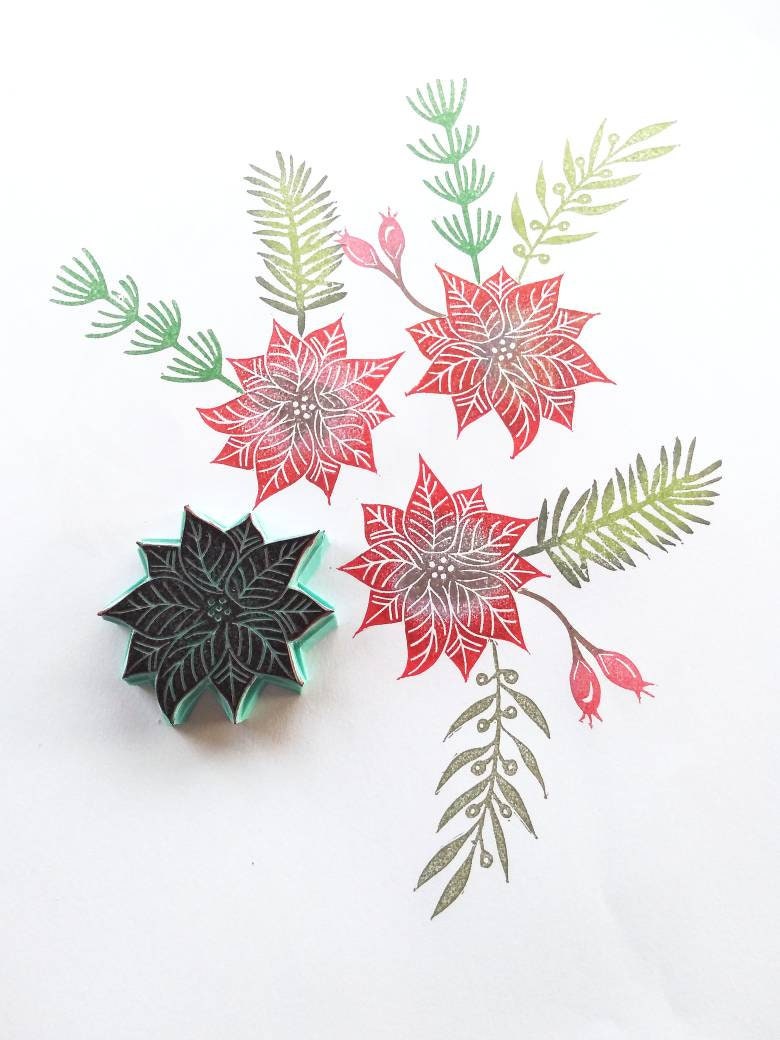 Christmas Poinsettia rubber stamp Christmas garland stamp | Etsy