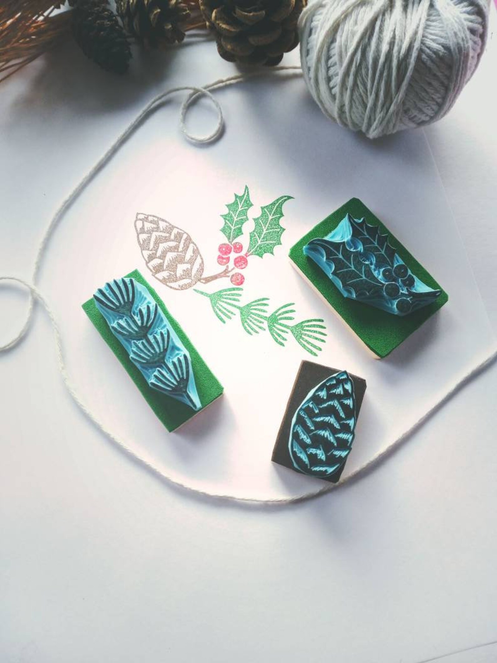 Pine Cone and Holly Rubber Stamp Set. - Etsy