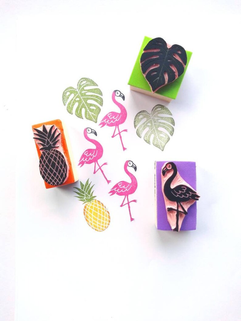 Tropical flamingo rubber stamp set with pineapple hibiscus | Etsy