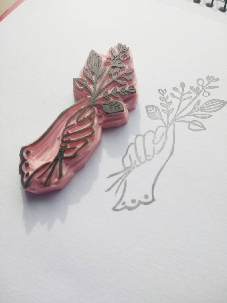 Hand holding flowers stamp floral rubber stamp dainty hand | Etsy