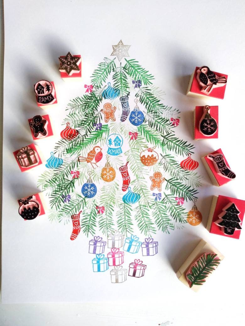 Christmas stamp set mini robin Xmas tree bauble and | Etsy
