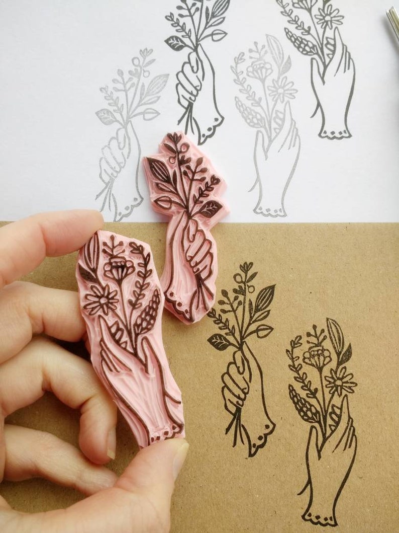 Hand Holding Flowers Stamp Floral Rubber Stamp Dainty Hand - Etsy