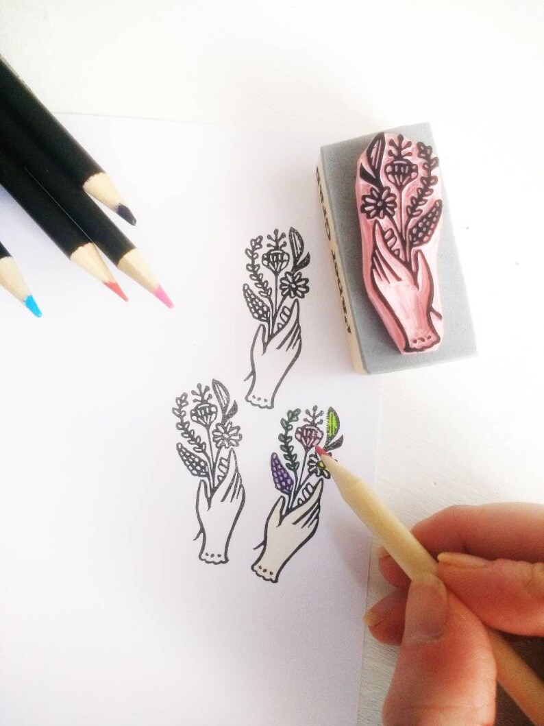 Hand holding flowers stamp floral rubber stamp dainty hand | Etsy