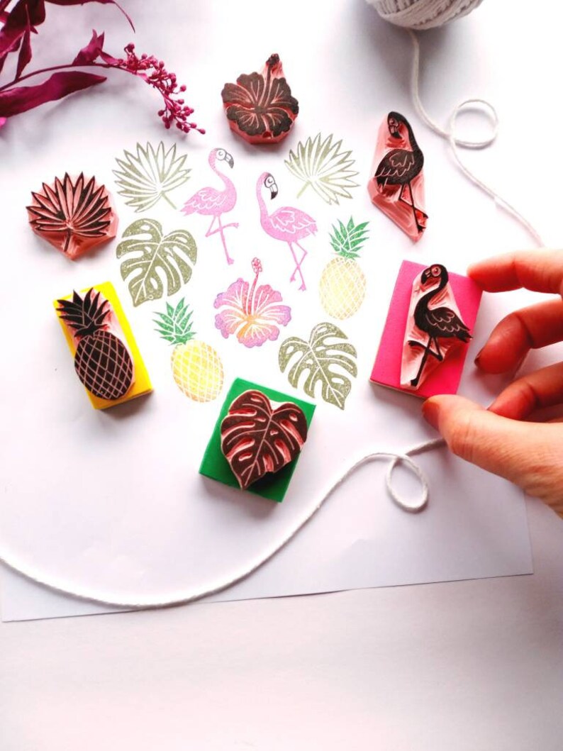 Tropical flamingo rubber stamp set with pineapple hibiscus | Etsy