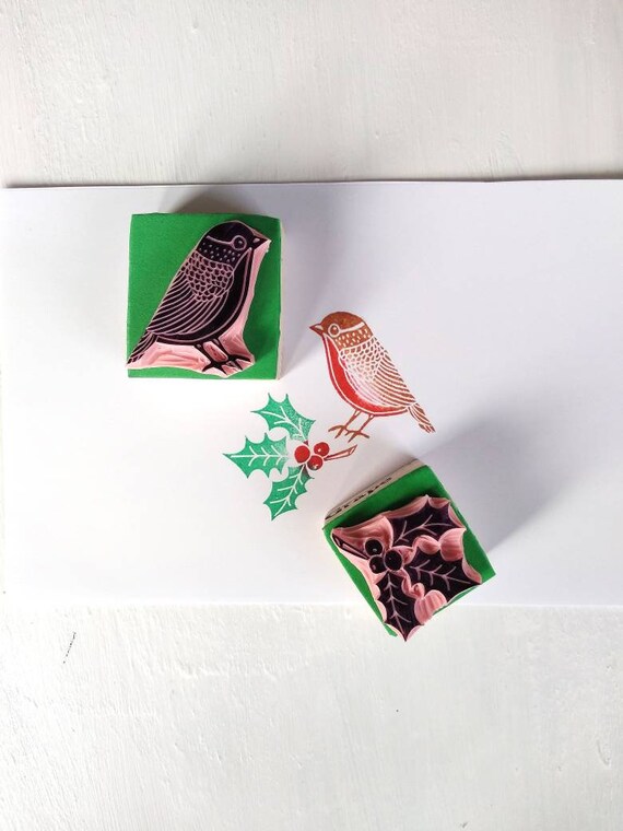 Robin rubber stamp Christmas stamp set | Etsy