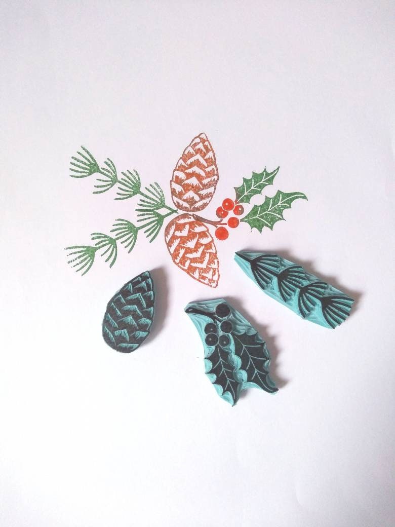 Pine cone and Holly rubber stamp set. | Etsy
