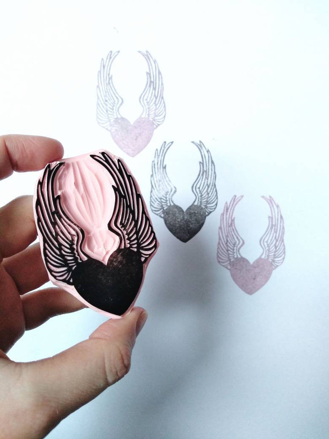 Winged heart rubber stamp tattoo style print valentine decor | Etsy