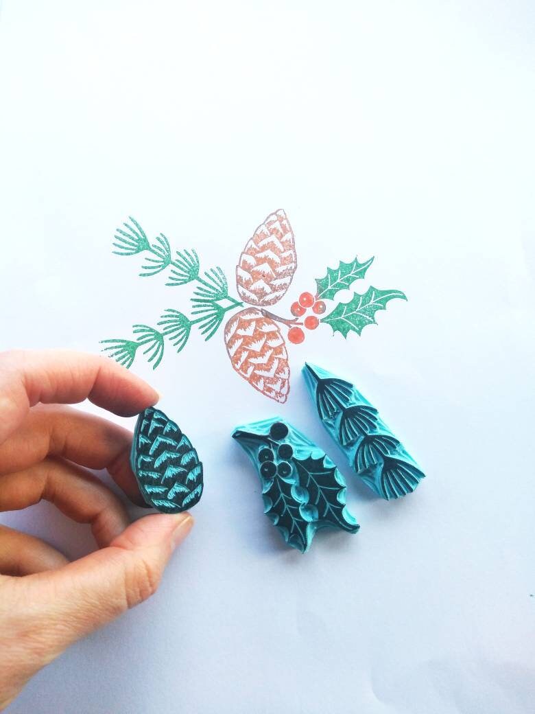 Pine cone and Holly rubber stamp set. | Etsy