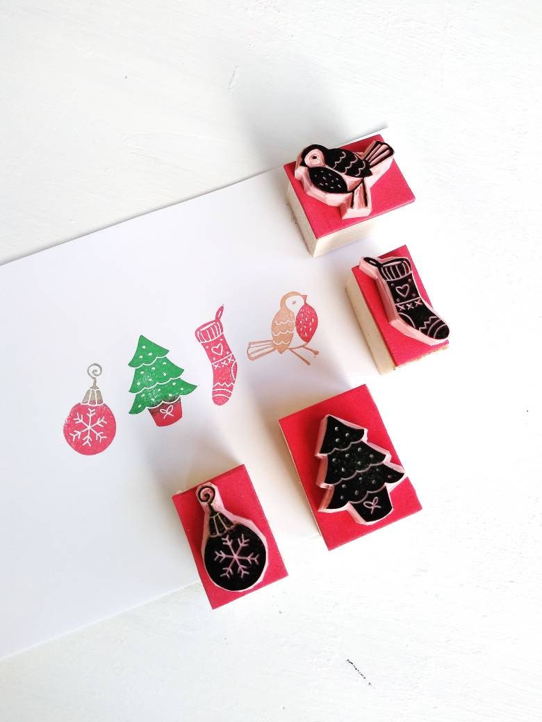 Christmas stamp set mini robin Xmas tree bauble and | Etsy