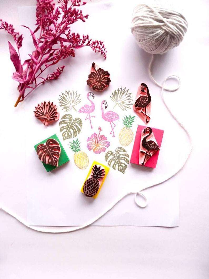 Tropical Flamingo Rubber Stamp Set With Pineapple Hibiscus - Etsy UK