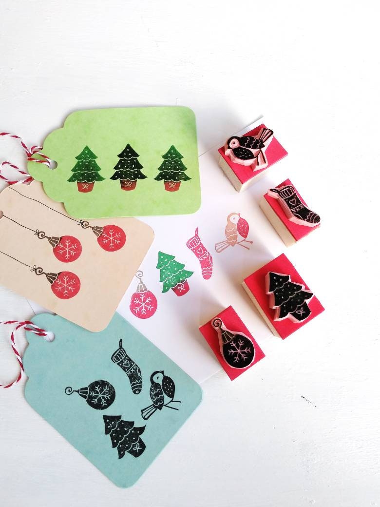 Christmas stamp set mini robin Xmas tree bauble and | Etsy