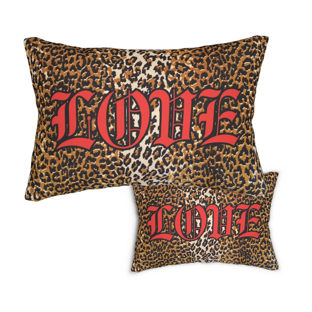 Red Gothic Font LOVE Lumbar Leopard Pillow - Bold Animal Print Cushion ...