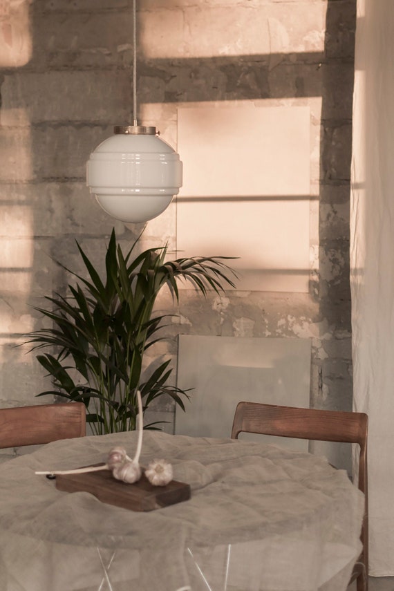 Milk Glass Pendant Light with Hand Blown Glass and Brass Art | Etsy