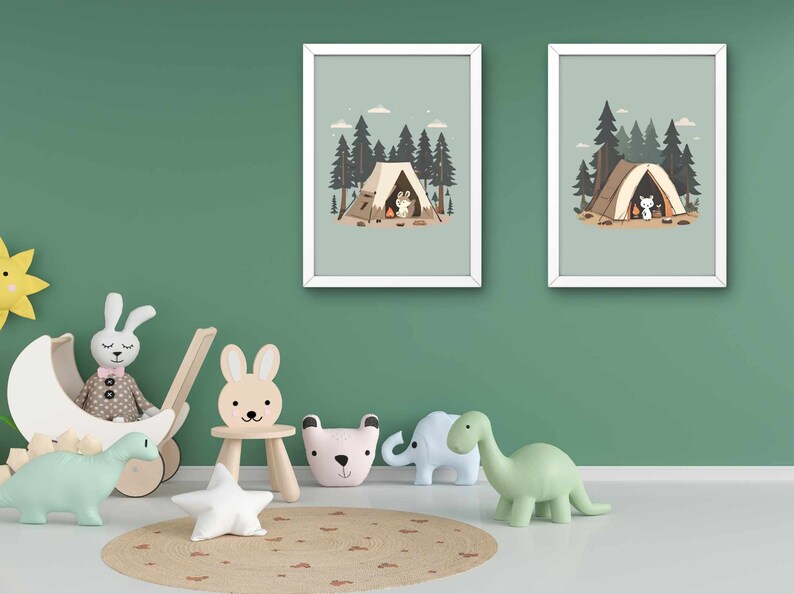 Set of 2 Camping Themed Animal Posters Nursery Decor Prints Woodland ...
