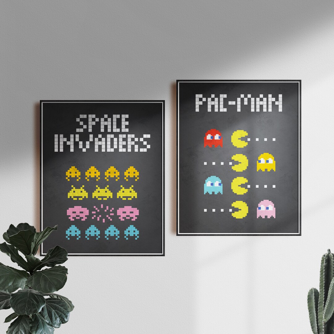 2 Retro Video Game Posters Pac-man Space Invaders Pacman - Etsy