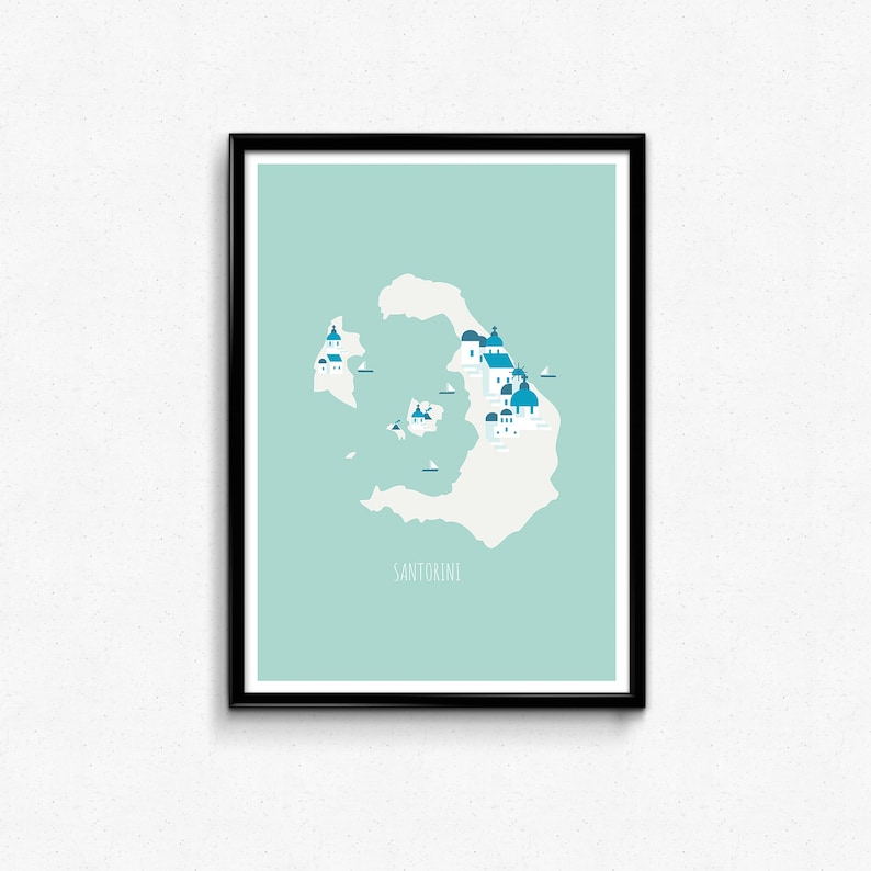 Greek Map of Santorini Greece Poster Wall Art Poster Illustrated Map ...