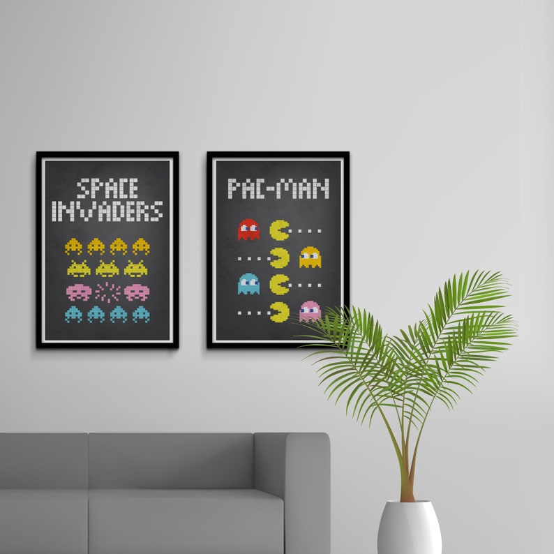2 Retro Video Game Posters Pac-man Space Invaders Pacman - Etsy