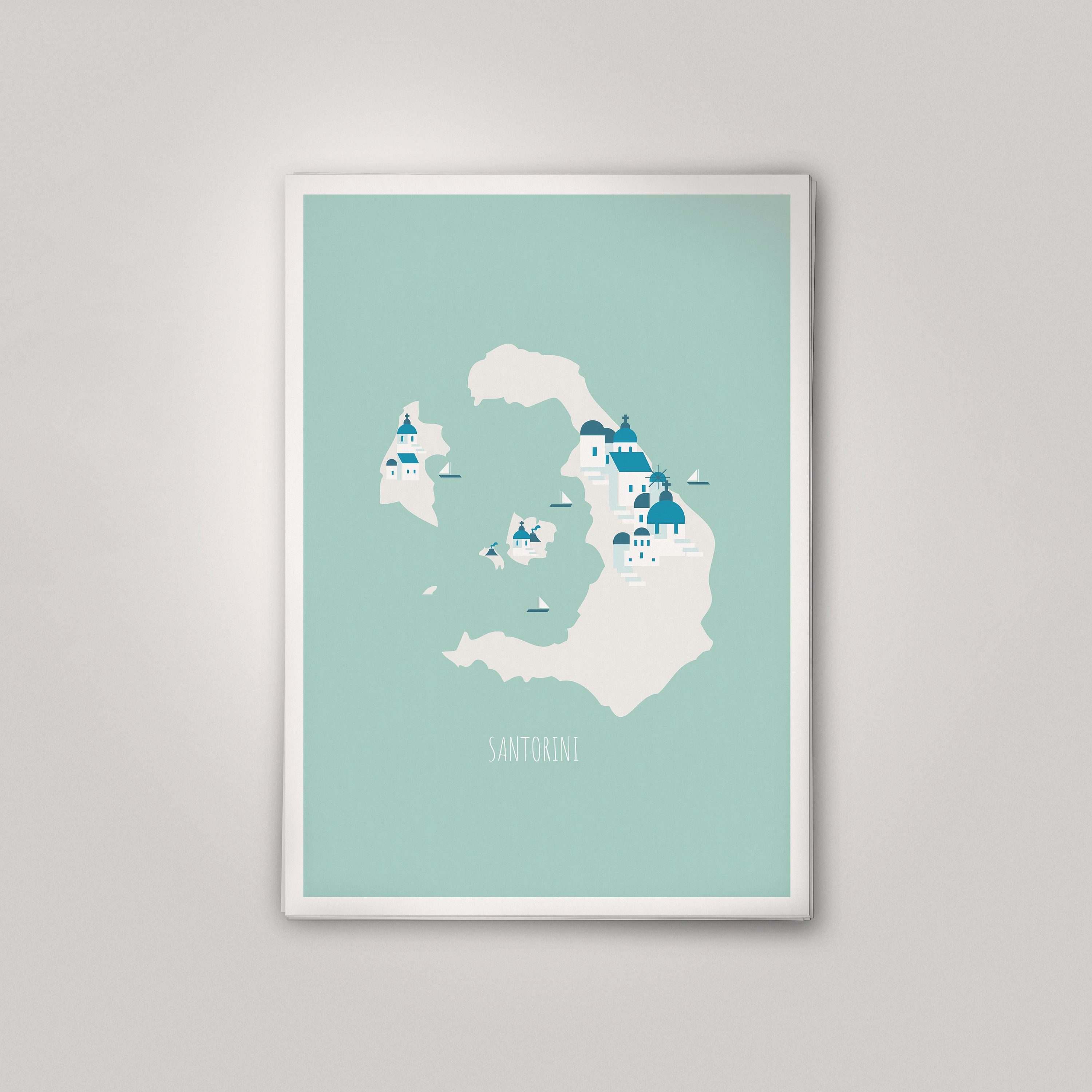 Greek Map of Santorini Greece Poster Wall Art Poster Illustrated Map ...