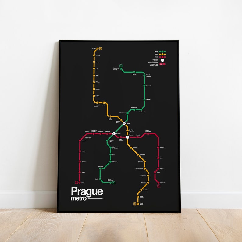 Prague Czech Republic Metro Map Poster Subway Czech Republic Map Decor ...