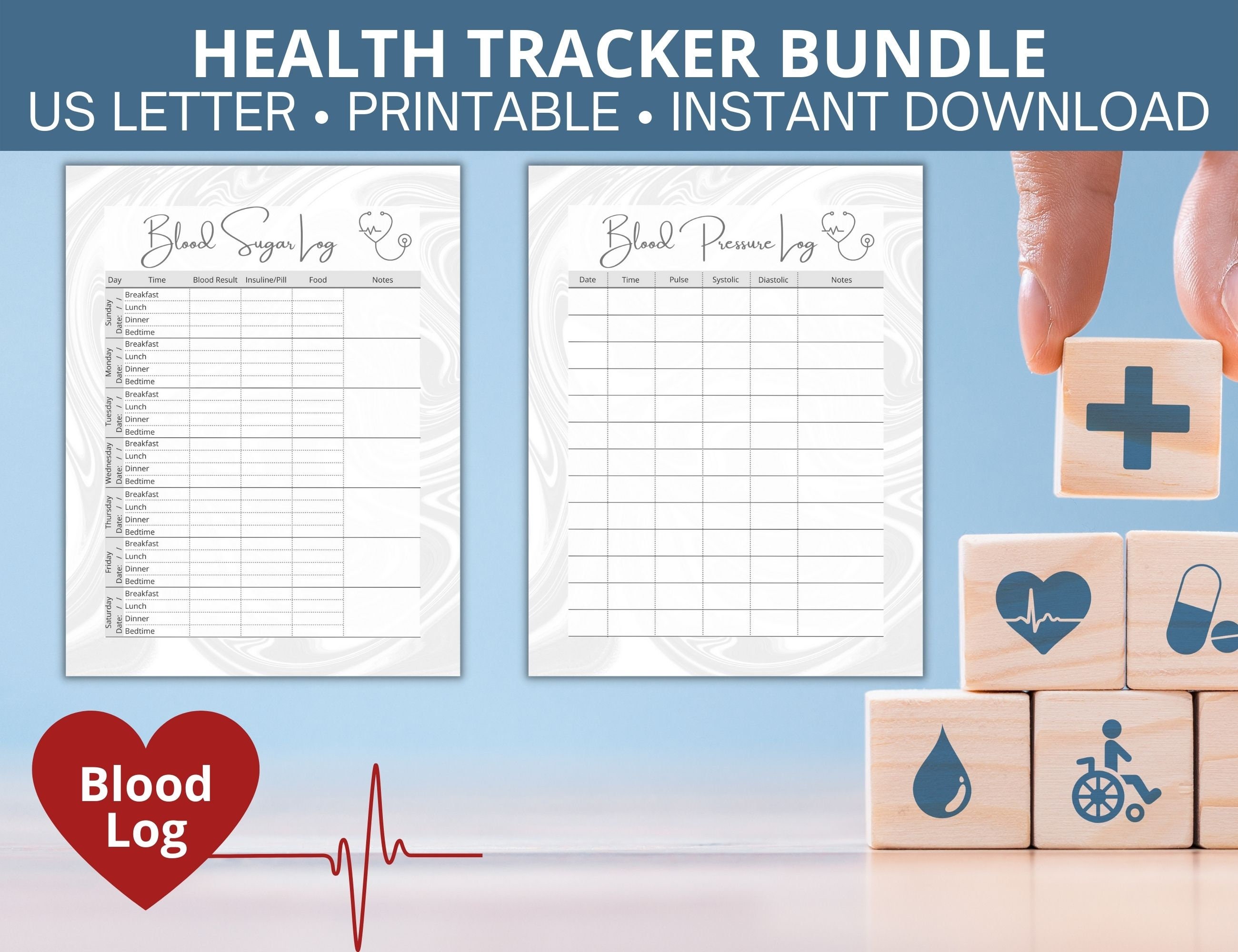 Health Log Bundle Printable PDF Health Planner Blood Pressure Log Blood ...