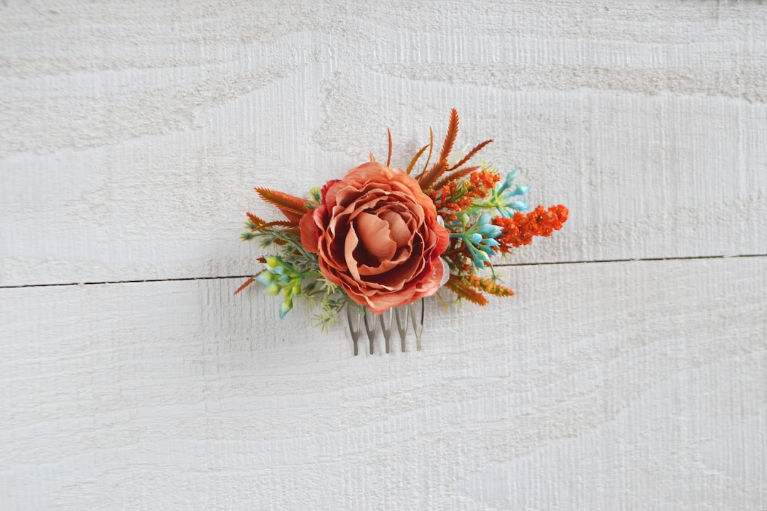 Rust Ligth Blue Floral Comb Mini Hair Comb Flower Accessories - Etsy