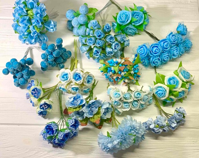 Light Blue Artificial Flowers, Set of Mini Bouquets, Fake Rose ...