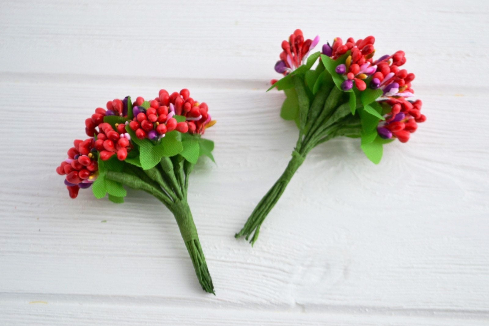 24 Flower Stamens Berry Stems Artificial Flower Decor Fake Berries Red ...