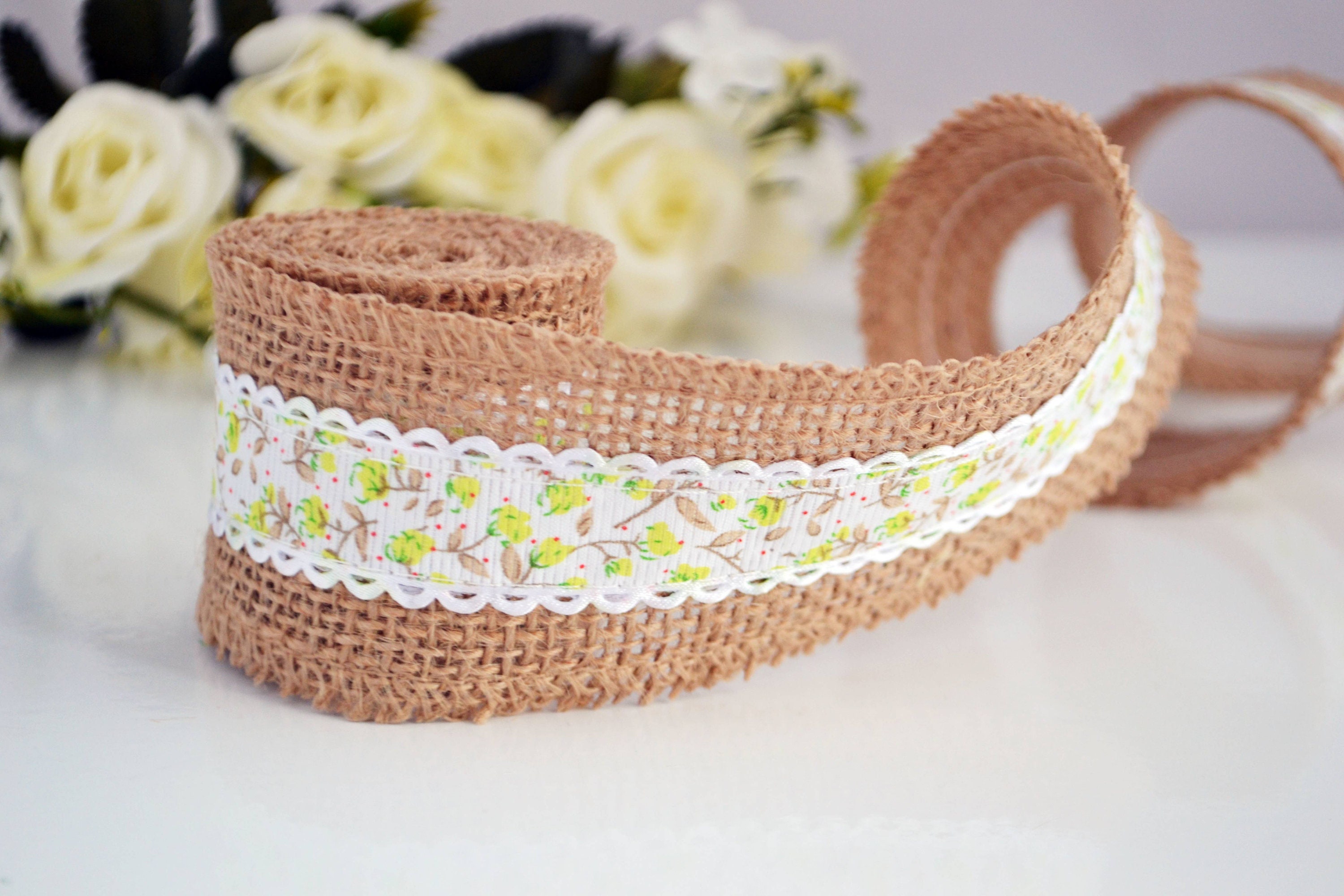 5 cm 2''/2 m Burlap Cotton Floral Ribbon Rustic home | Etsy