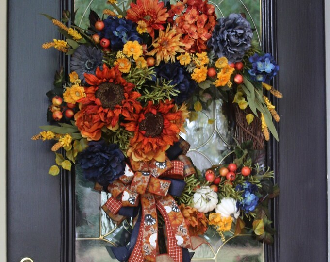 Navy & Rust Fall Wreath for Front Door Fall Door Wreath - Etsy