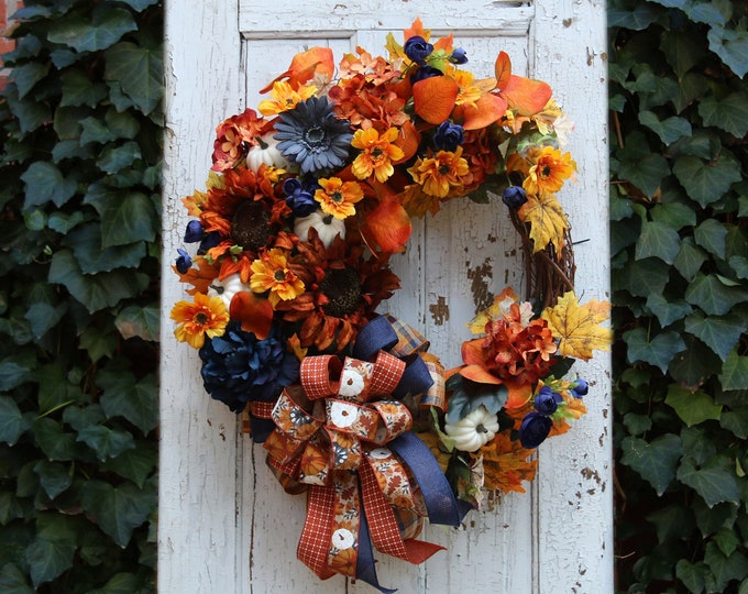 Navy & Rust Fall Wreath for Front Door Fall Door Wreath - Etsy