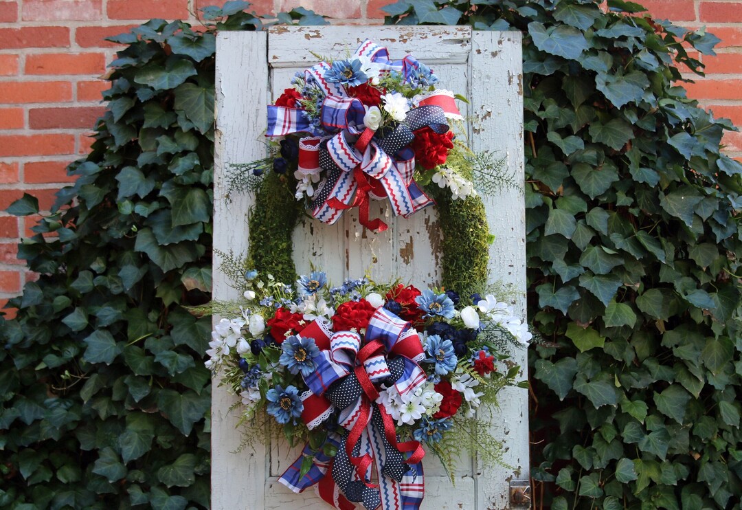 Patriotic July 4th Door Wreath, Large Red White & Blue Independence Day ...