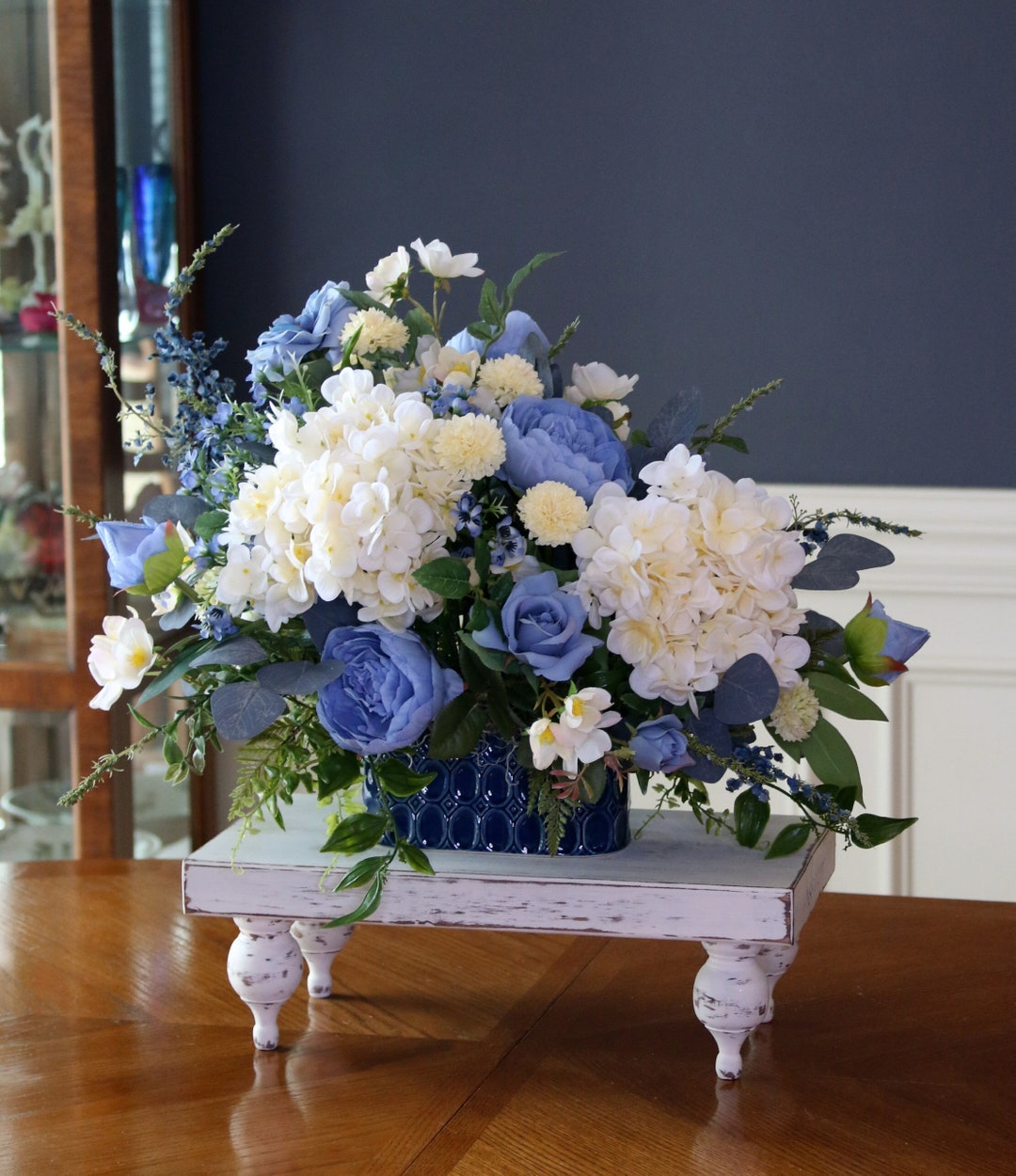 Cottage Style Summer Centerpiece, Yellow Hydrangea Blue Peony Flower ...