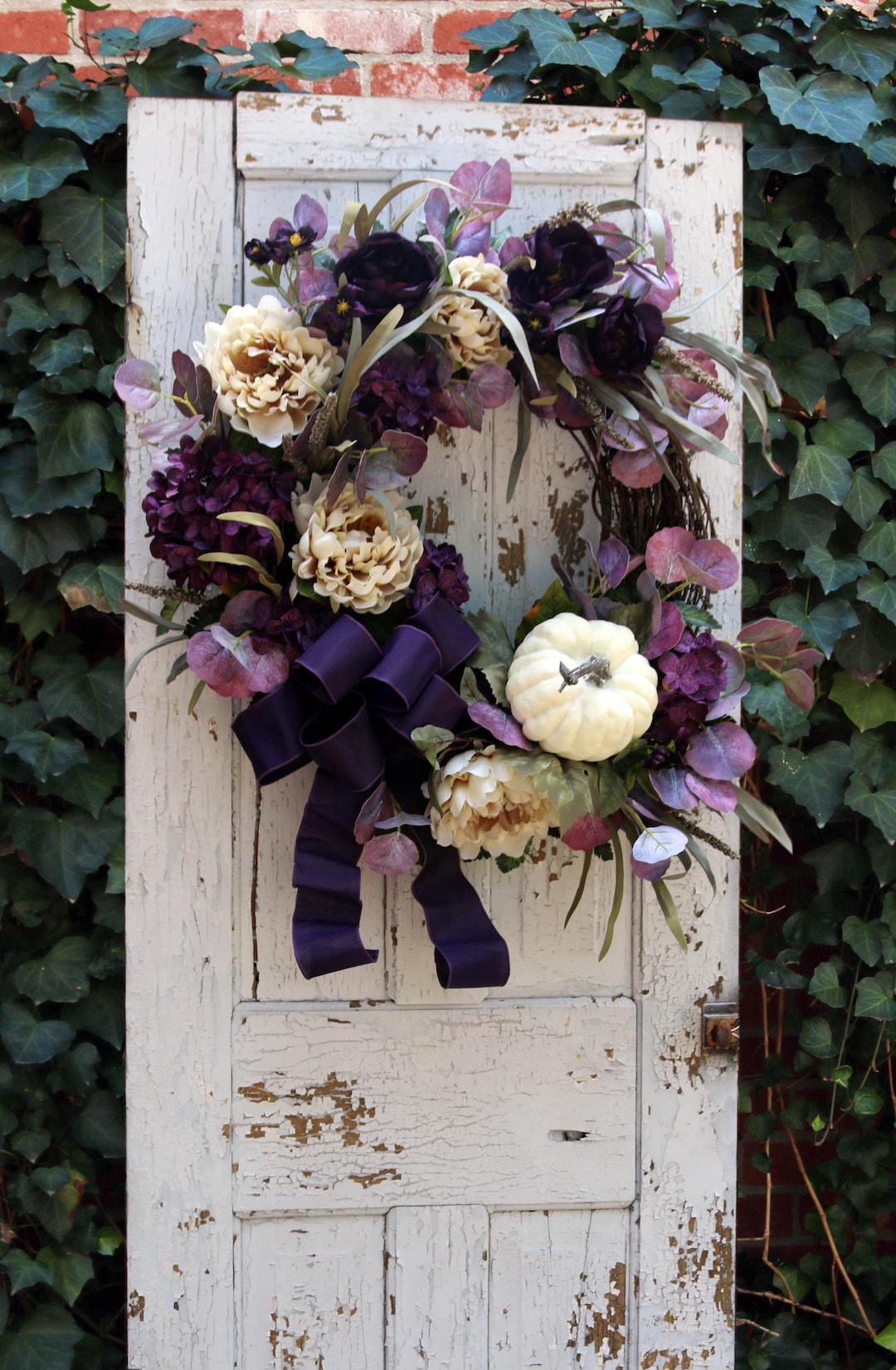 Purple & White Fall Wreath, Autumn Door Wreath, Thanksgiving Harvest ...