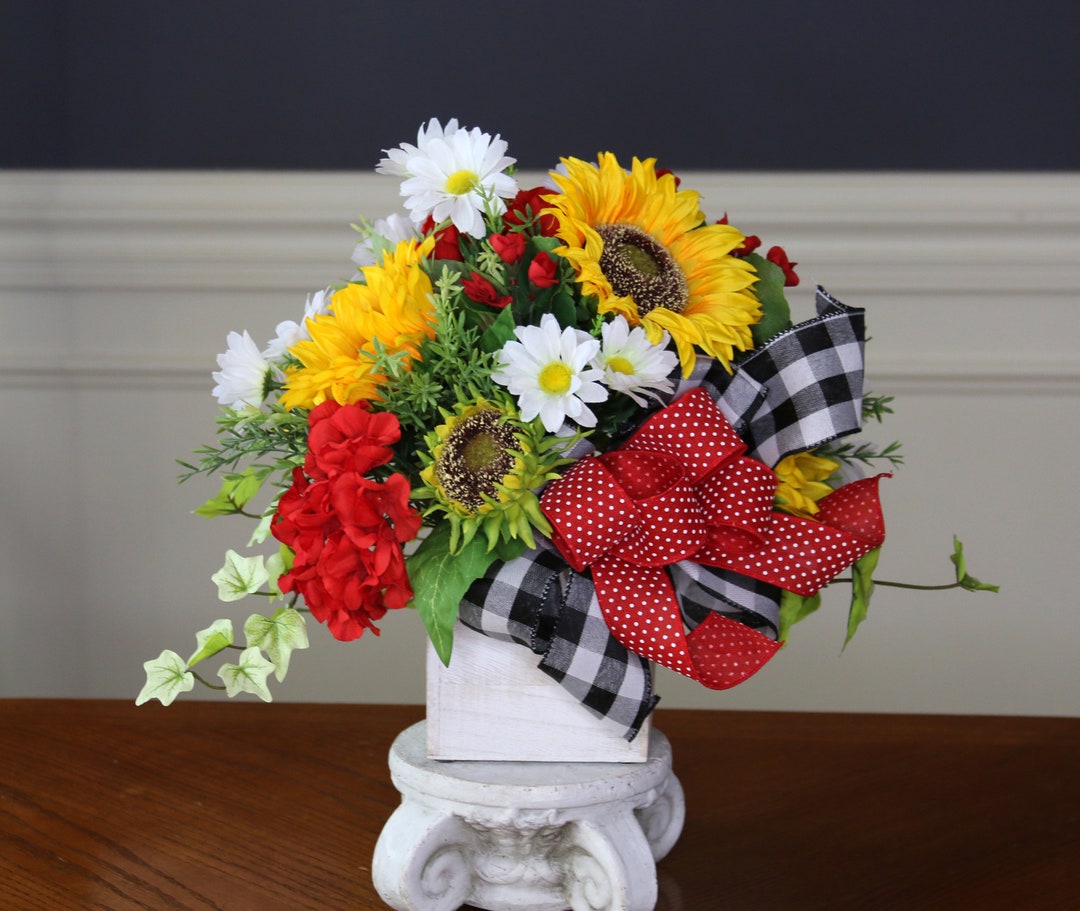 Spring Sunflower Centerpiece, Flower Arrangement W/ Sunflowers, Red ...