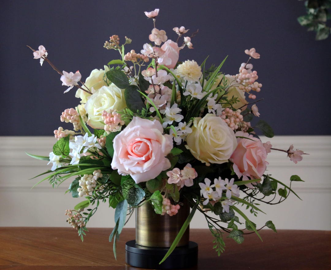 Pink & Yellow Silk Rose Centerpiece, Year Round Garden Tablescape ...