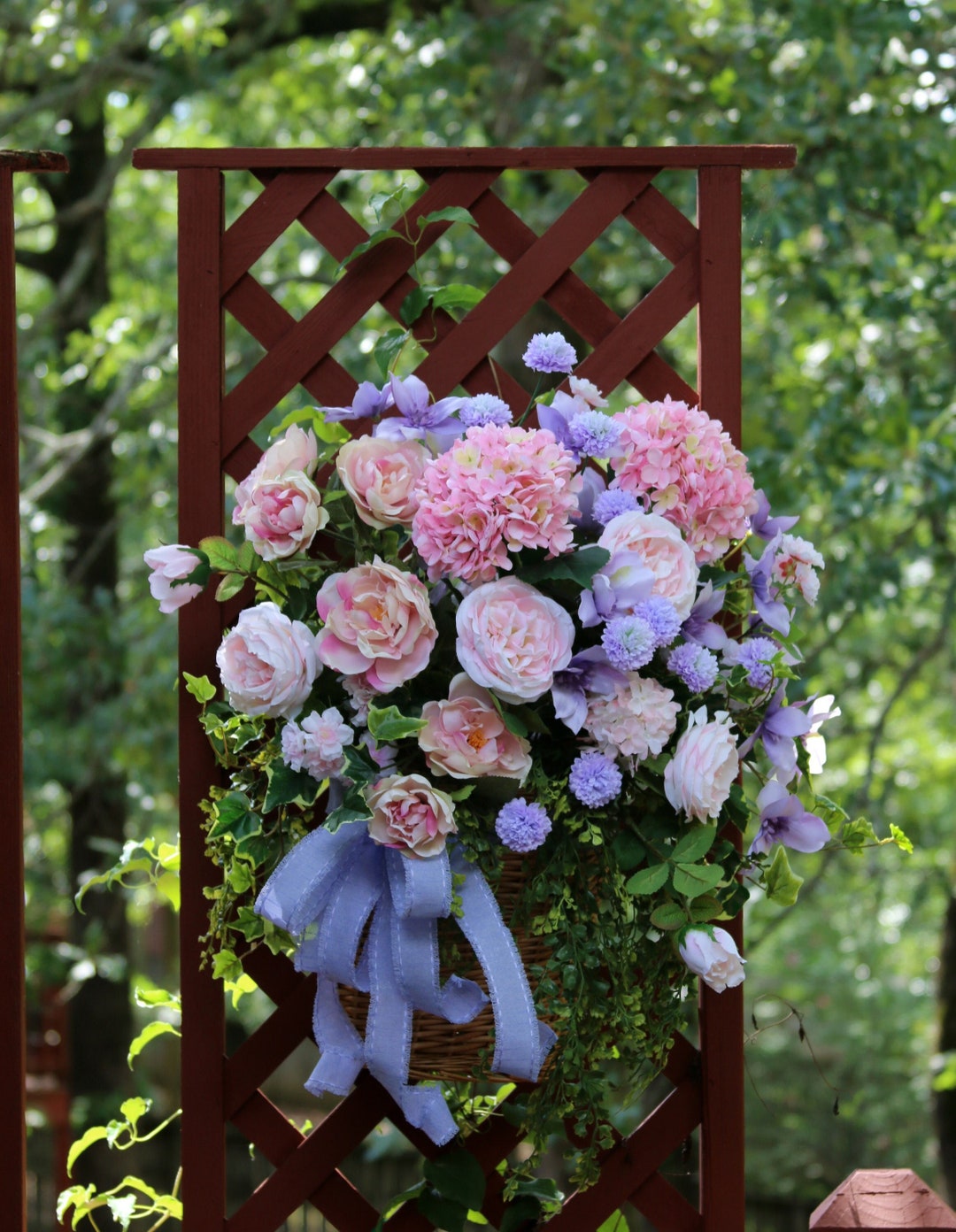 Soft Pink & Lavender Hanging Basket, Wicker Wall Basket W/ Roses ...