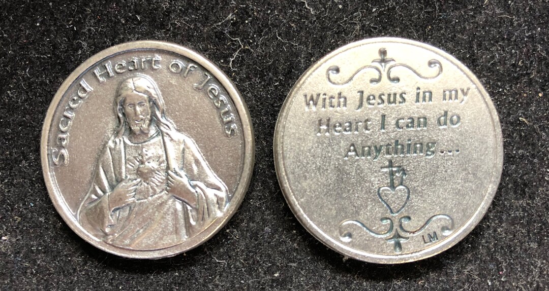 LARGE Pocket Token With Sacred Heart of Jesus, Catholic Coin, Prayer ...