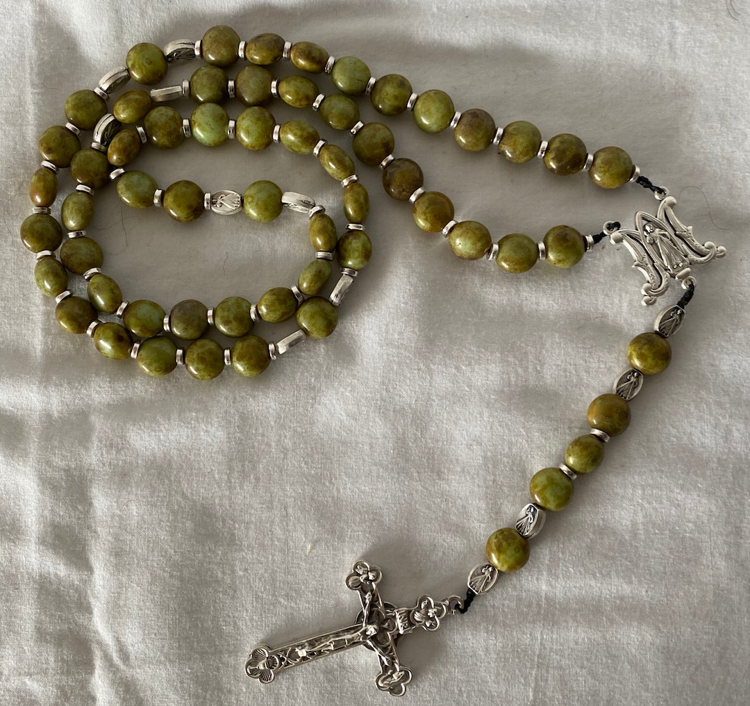 Divine Mercy Traditional Rosary | Turtle Shell Green Flat Beads ...