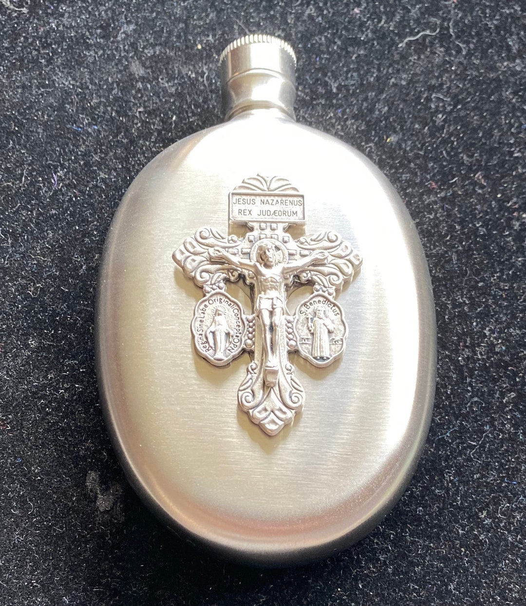 Embossed Stainless Steel Holy Water Flask: Crucifix, St. Benedict ...