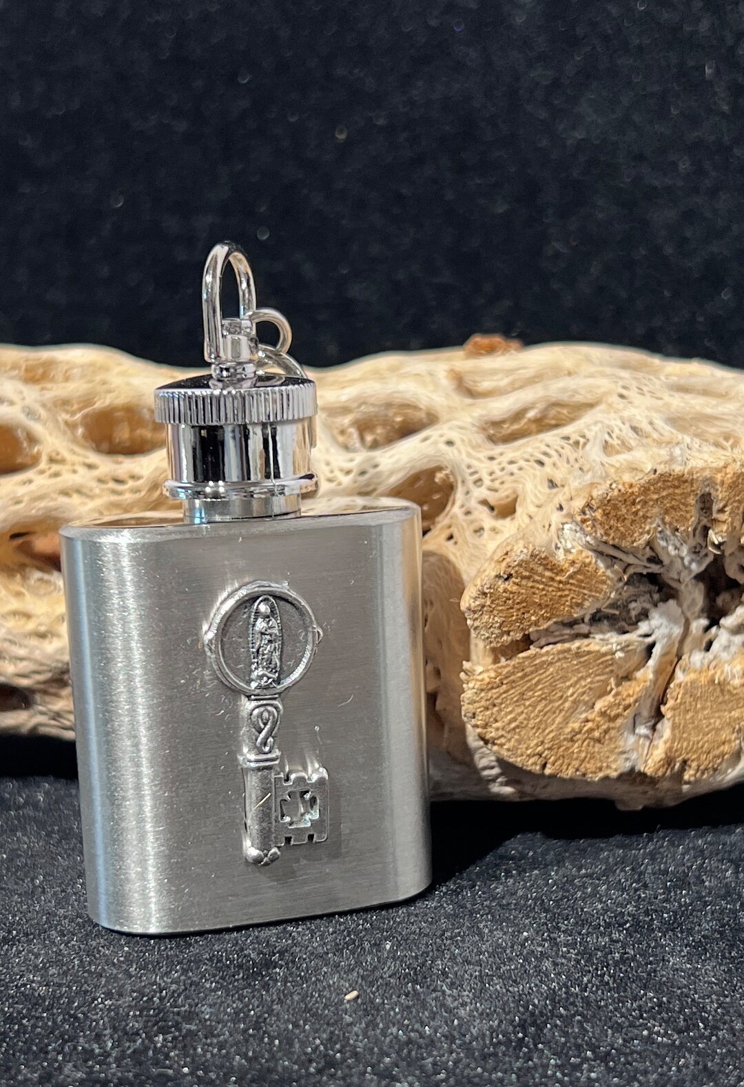 Stainless Steel Holy Water / Holy Oil Bottle Flask Key Chain Embossed ...