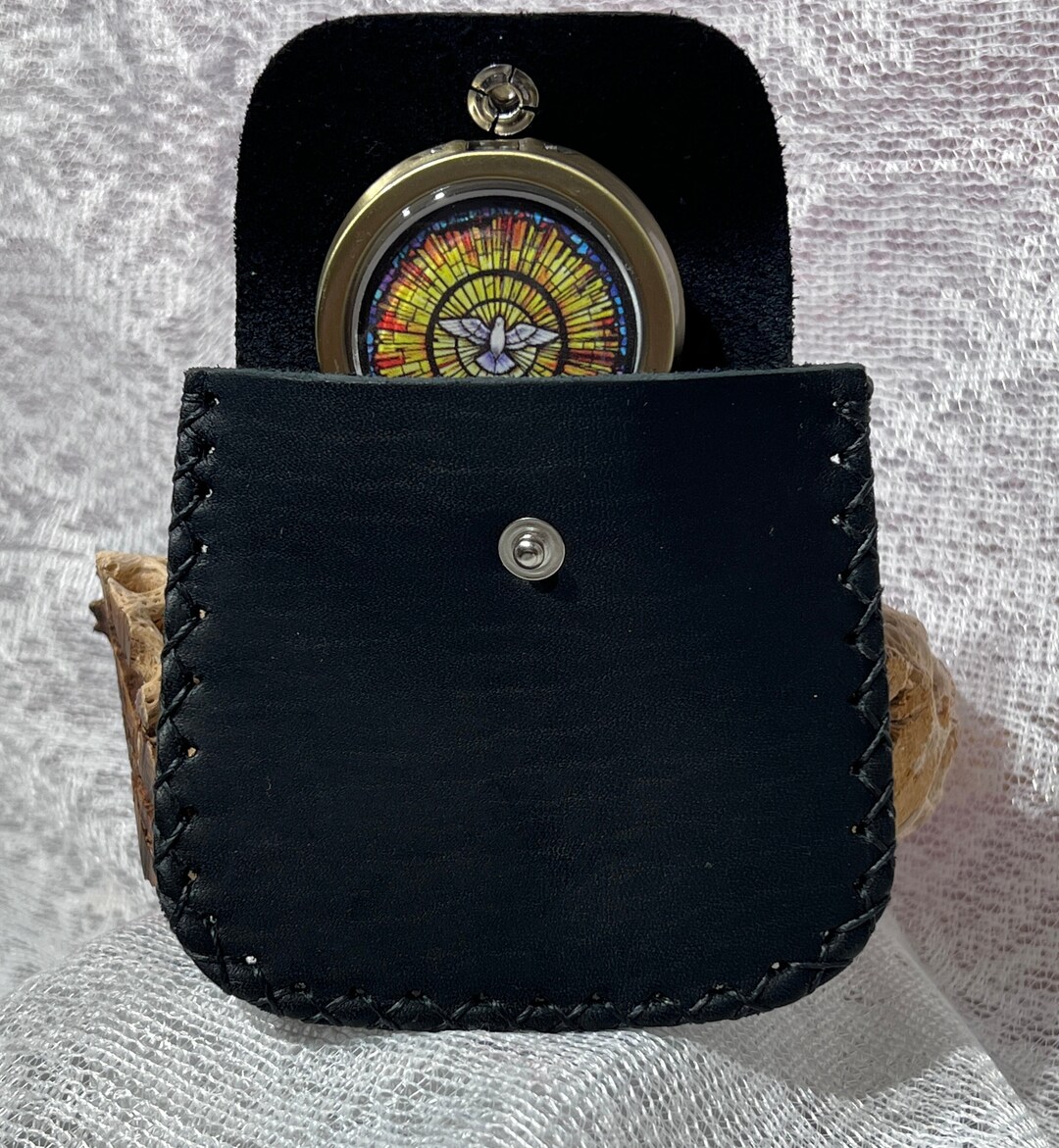 Holy Communion Pyx With Leather Burse Set: Brass Tone Holy Spirit ...