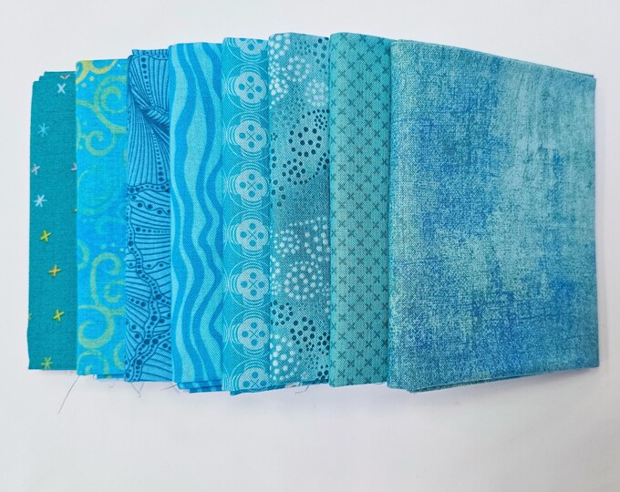 Fat Quarters. Set of Eight Teal, 100% Cotton Quilting Fabric. Fat ...