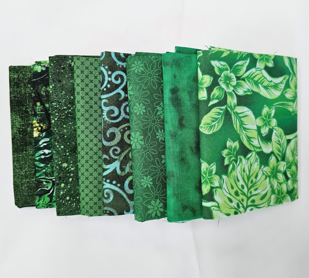 Fat Quarters. Set of Eight Green, 100% Cotton Quilting Fabric. Fat ...