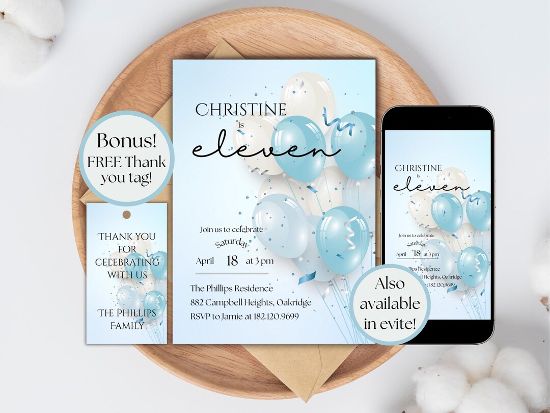 Blue Balloon Birthday Invitation Template, Light Blue Party Invite ...