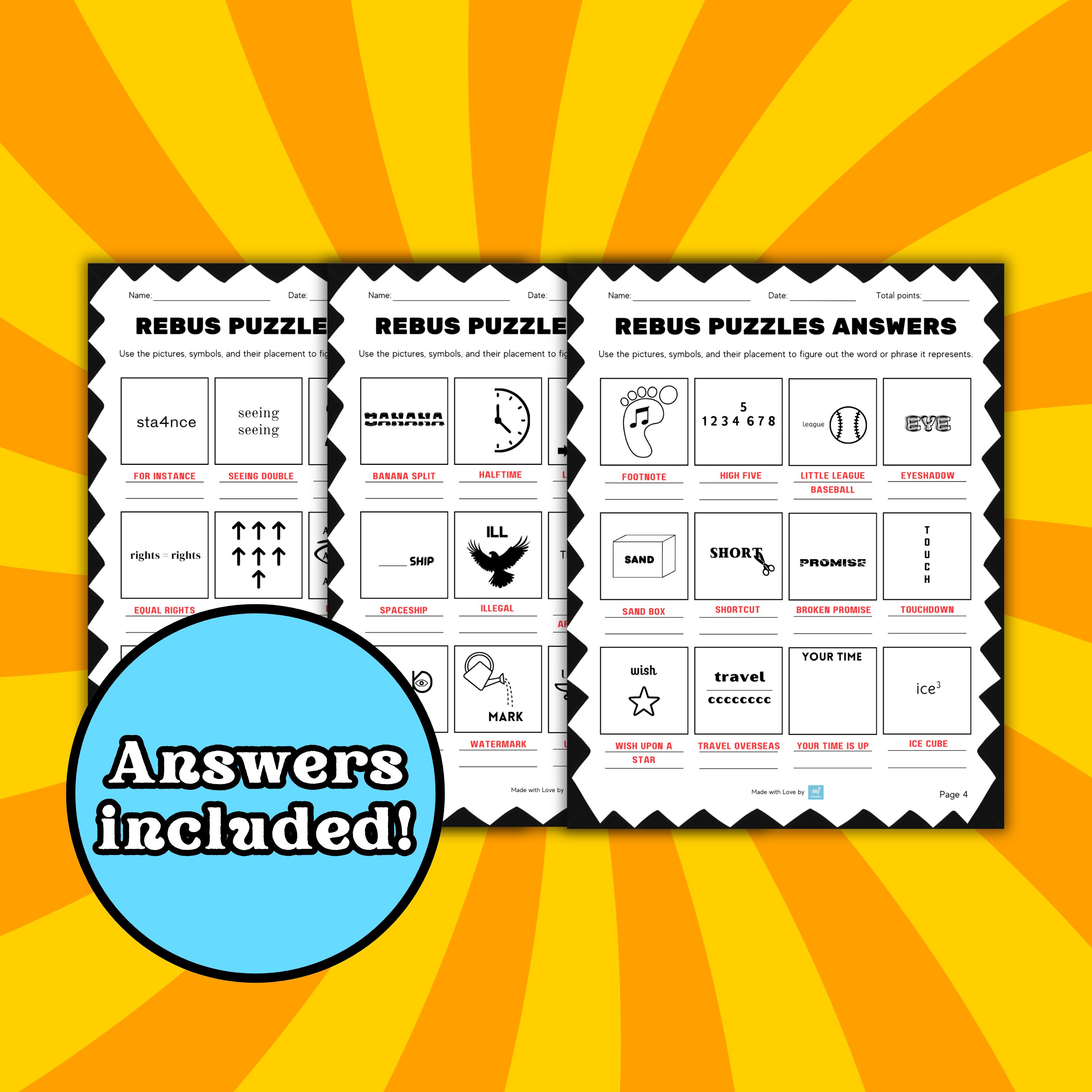 Rebus Puzzles Printable, Brain Teasers Activity Pack, Puzzle Worksheets ...